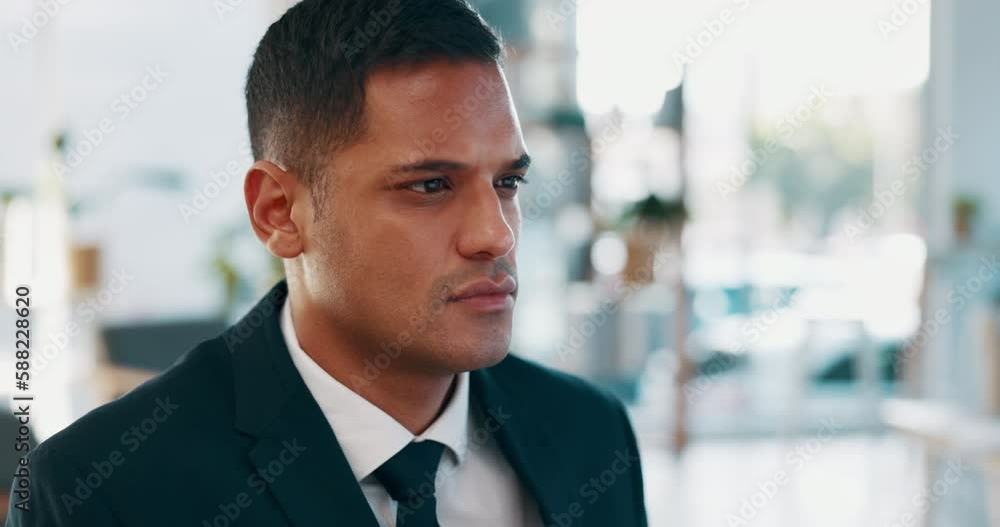 Thinking, serious and business man at a computer working and reading ...