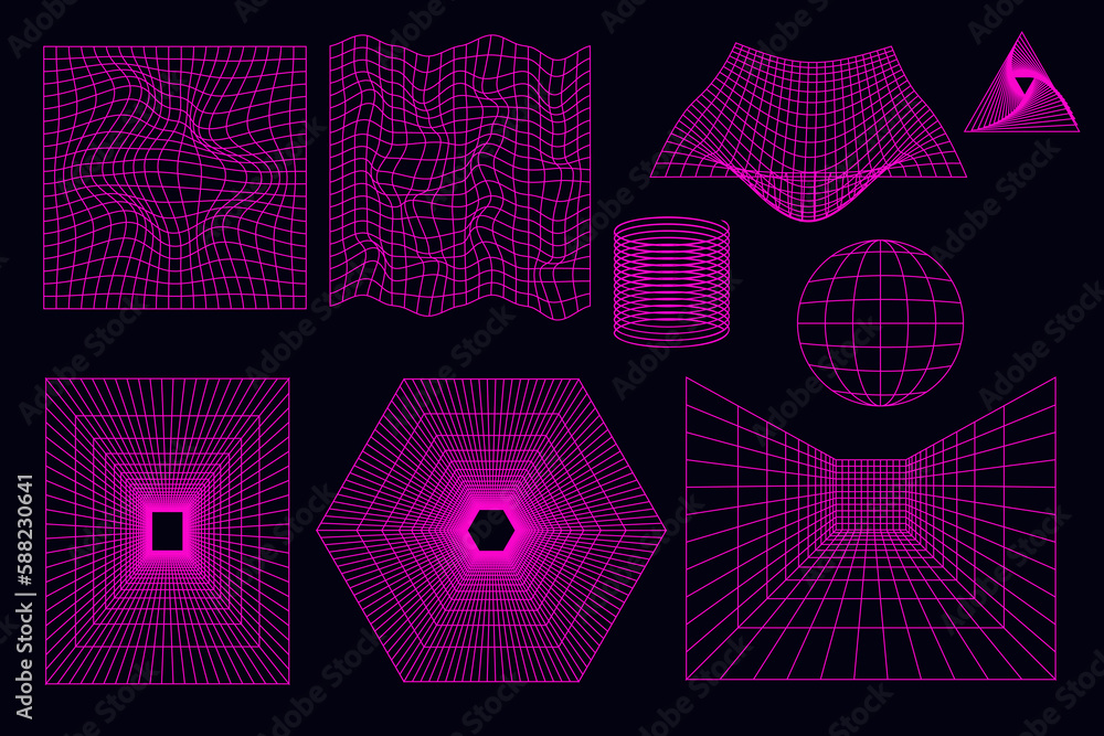 Geometric wireframe shapes and grids in neon pink. 3D abstract backgrounds, patterns, cyberpunk ...