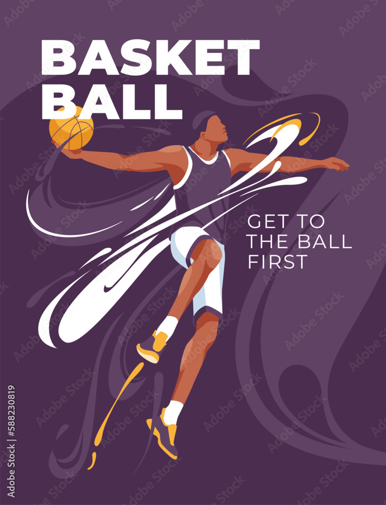 basketball poster design with athlete running and abstract splash ...