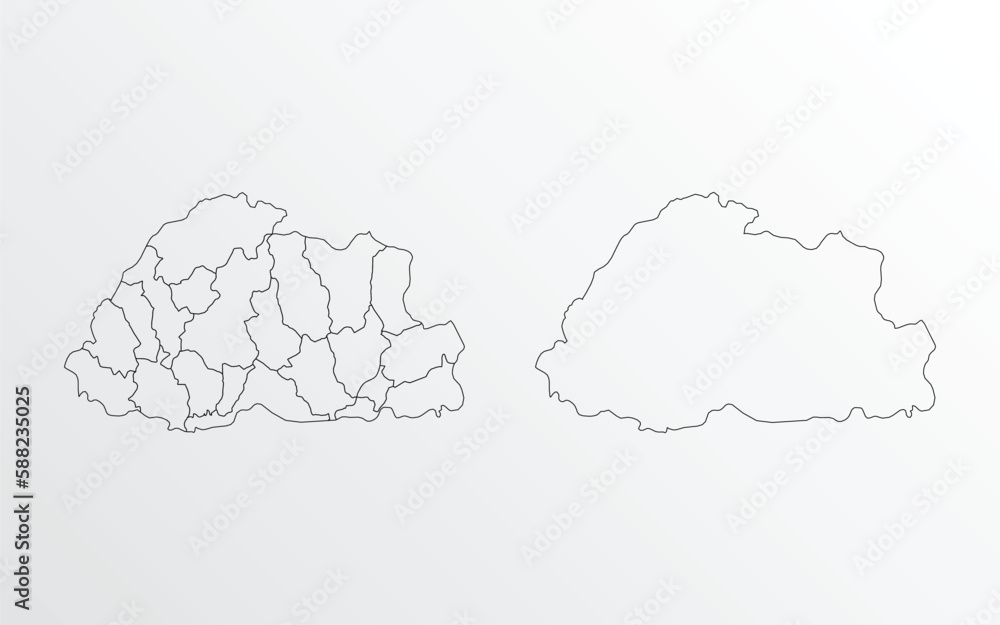 Black Outline vector Map of Bhutan with regions Stock Vector | Adobe Stock