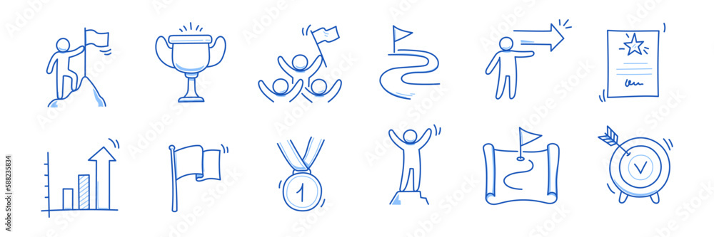 Success leader business doodle icons. Man with leadership flag doodle ...