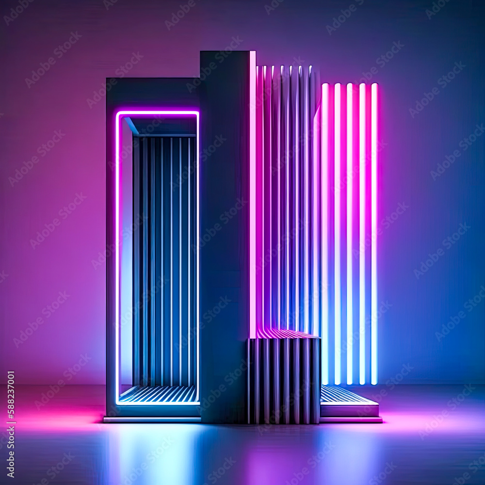 AI generated abstract space red blue pink neon background with cuboid ...