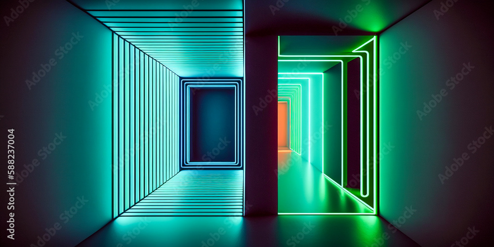 AI generated abstract space red blue pink neon background with cuboid ...