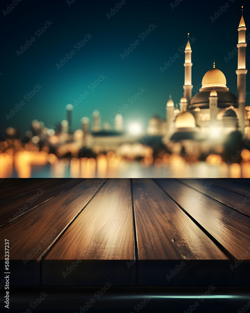 Empty table in front of blurred Mosque background. Generative AI Stock ...