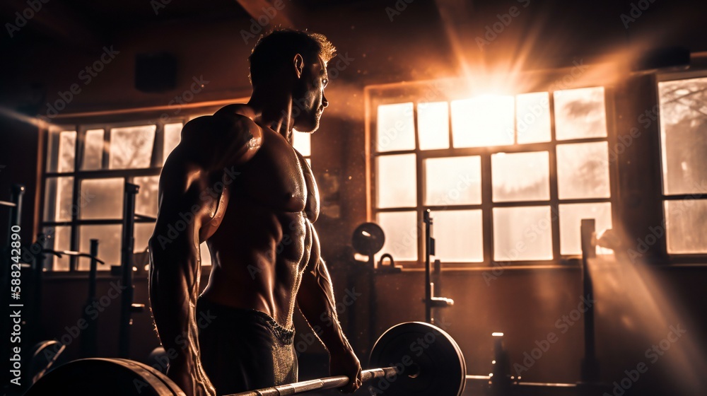 Perfectly build bodybuilder working out in an empty old school gym ...