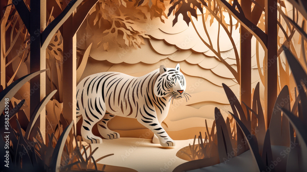 Bengal tiger in a wildlife sanctuary, with the kirigami paper art ...