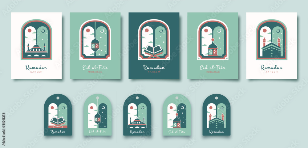 Ramadan Kareem. Set of Islamic greeting card and gift tags with Kaaba ...