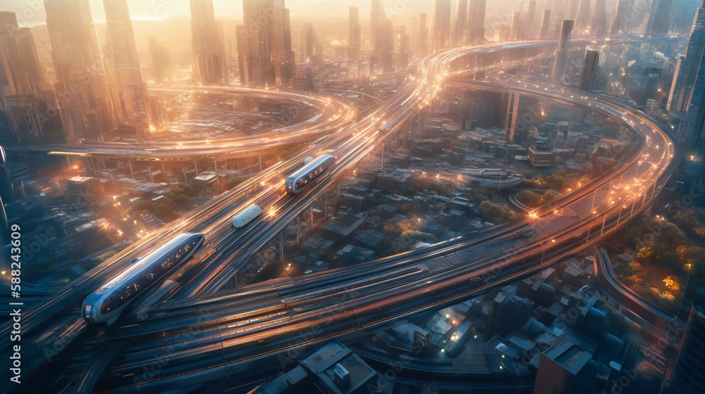 Long exposure shot of a futuristic city with heavy traffic seen from ...