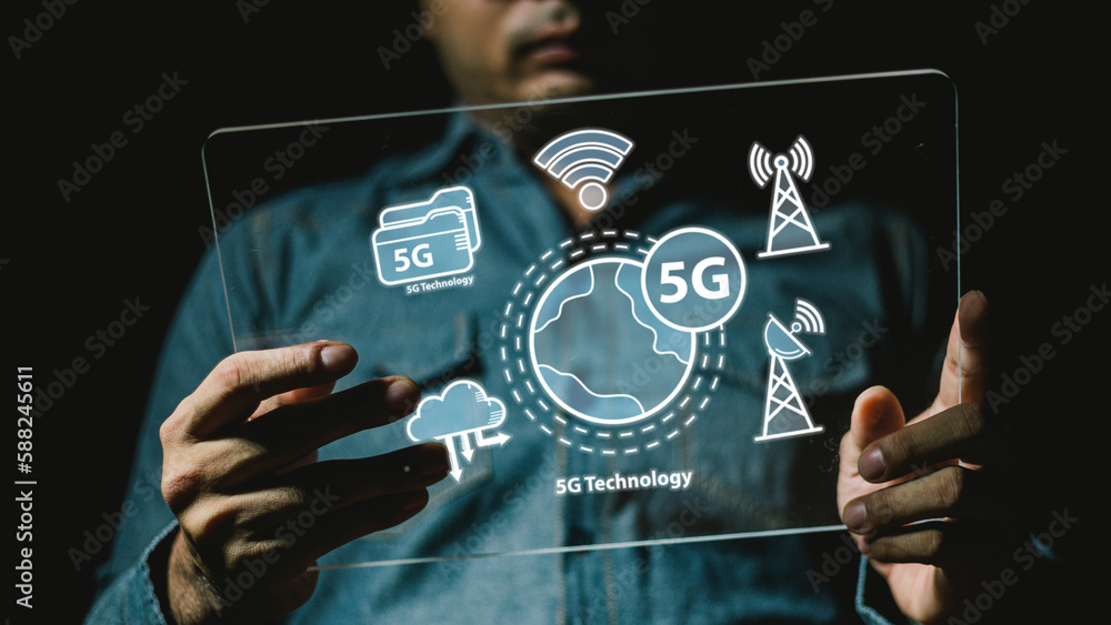 5G and internet of things or IOT concept, Hand touching virtual 5G ...