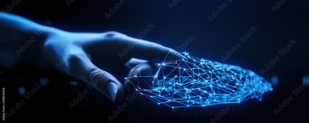 hand touching artificial mesh of blue connections. blue lighting ...