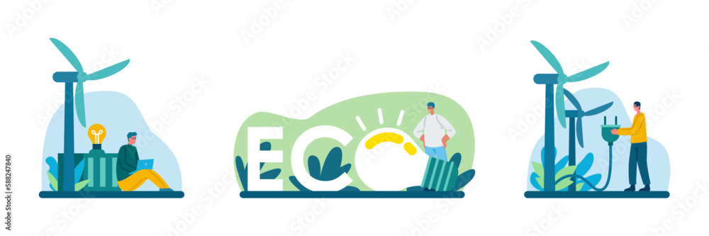 Set of cartoon characters using energy from natural resources. No ...