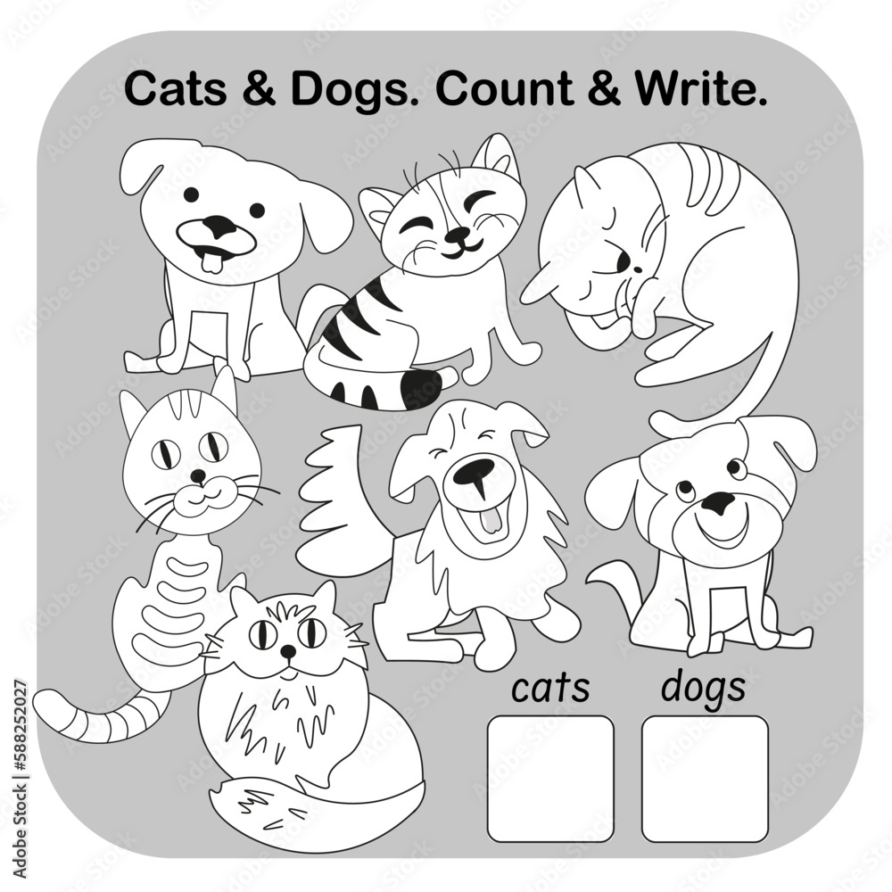 Cute cats and dogs in cartoon style. How many objects in picture. Game ...