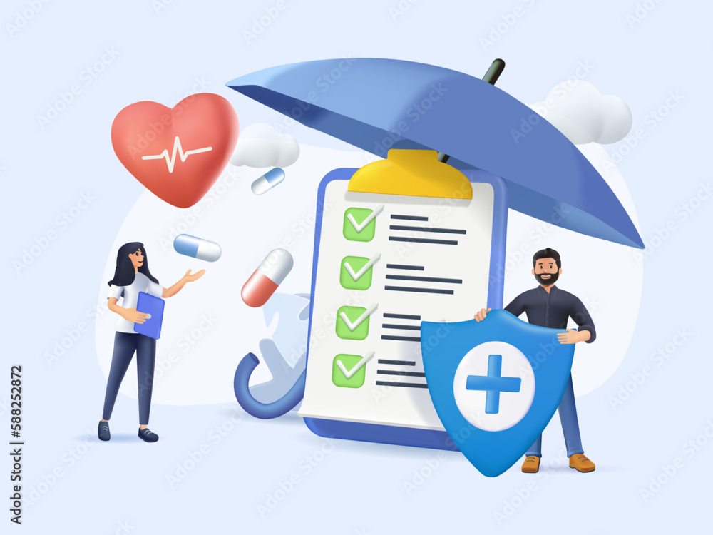 Health insurance 3D concept. Medical document with checklist under the ...