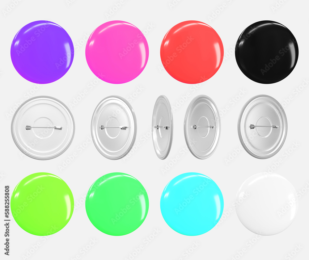 Pin button 3d render icons set. Colorful blank badges isolated on white ...