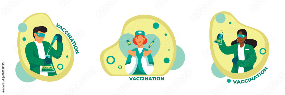 Set of cartoon characters inventing and doing vaccines. Protection from ...