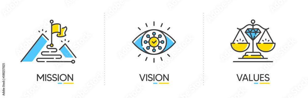 Mission, vision and values of business company. Target goal, global ...