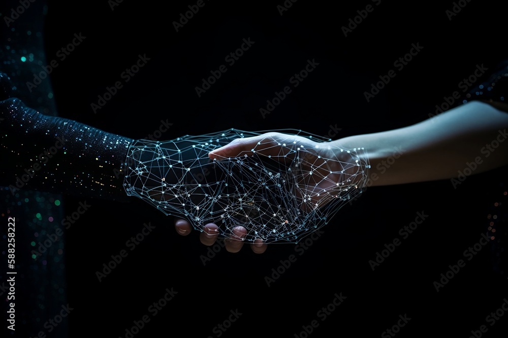 Shaking hands, human and AI hand, merging eras. AI generative Stock ...