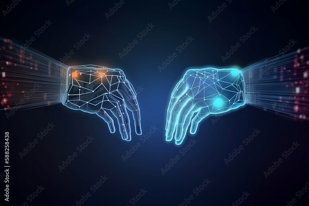 Shaking hands, human and AI hand, merging eras. AI generative Stock ...