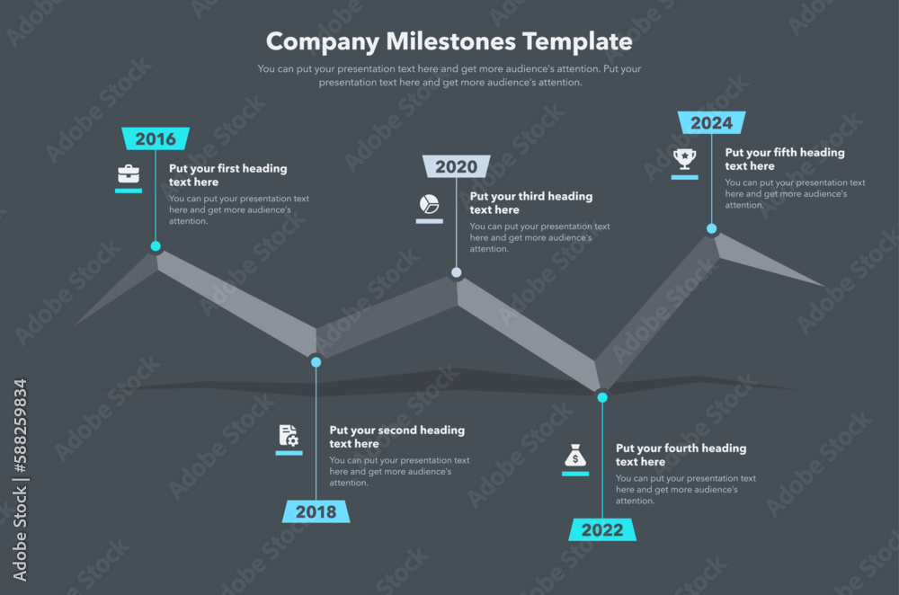 Company milestones template with five stages - dark version. Flat ...