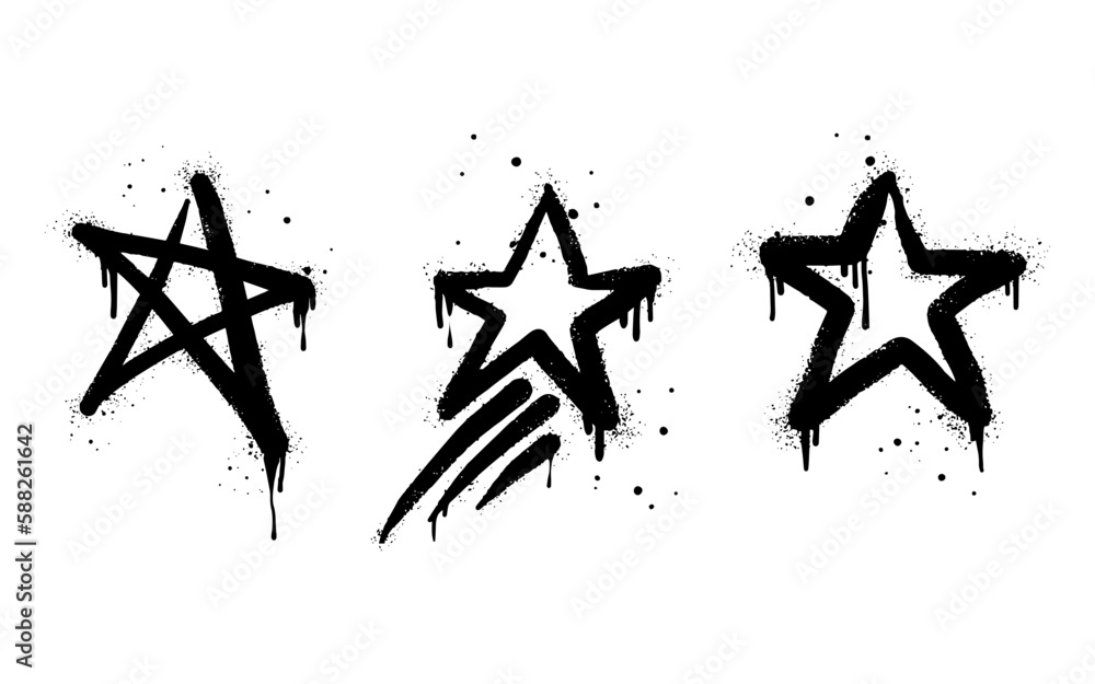set of Spray painted graffiti Star sign in black over white. Star drip ...