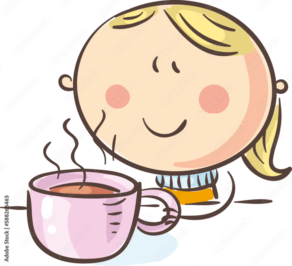 Doodle little girl drinking a hot drink during illness. Cartoon kid ...