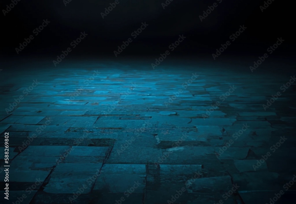 Faint blue light illuminates grunge stone slabs surface closeup defocus ...