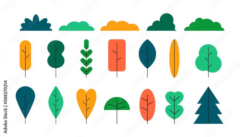 Simple Trees Bushes Cartoon Forest Plants With Foliage Flat Minimal Shrub Botanical Garden