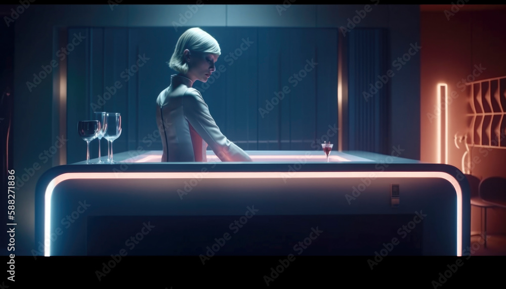 Female bartender in a night club bar with lights that invites to a ...