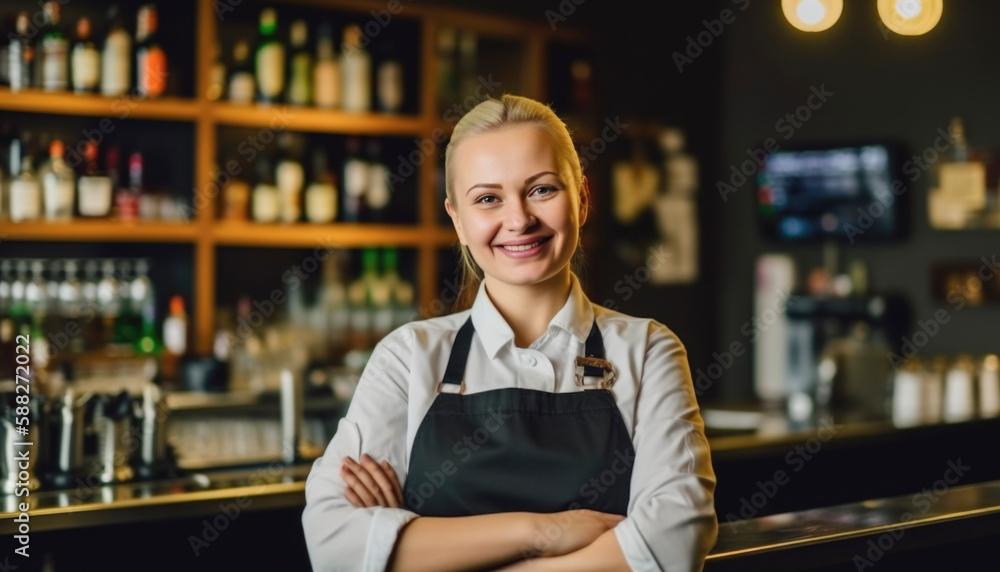 Female bartender in a night club bar with lights that invites to a ...