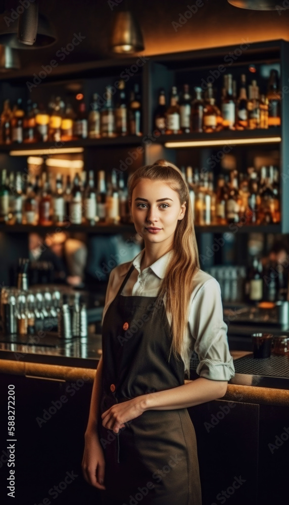 Female bartender in a night club bar with lights that invites to a ...