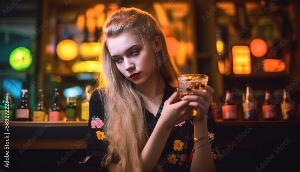 Single girl in a bar going out alone in the moody nightlife in dim ...