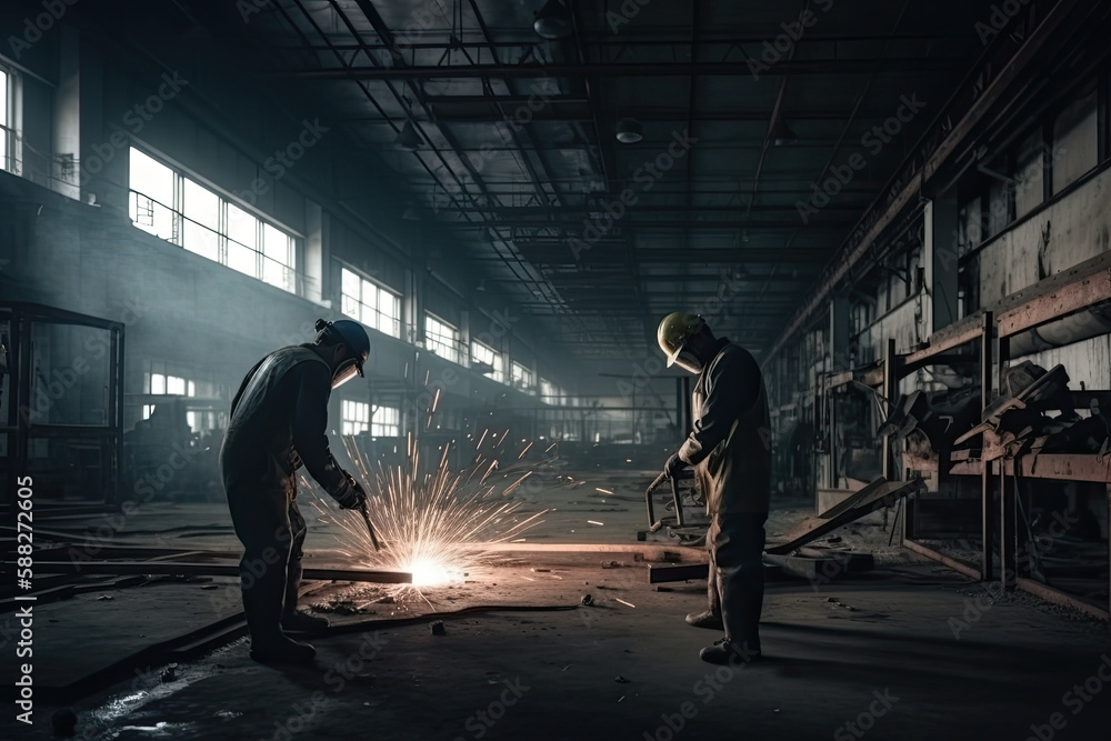 Heavy industrial engineering factory interior with industrial workers ...