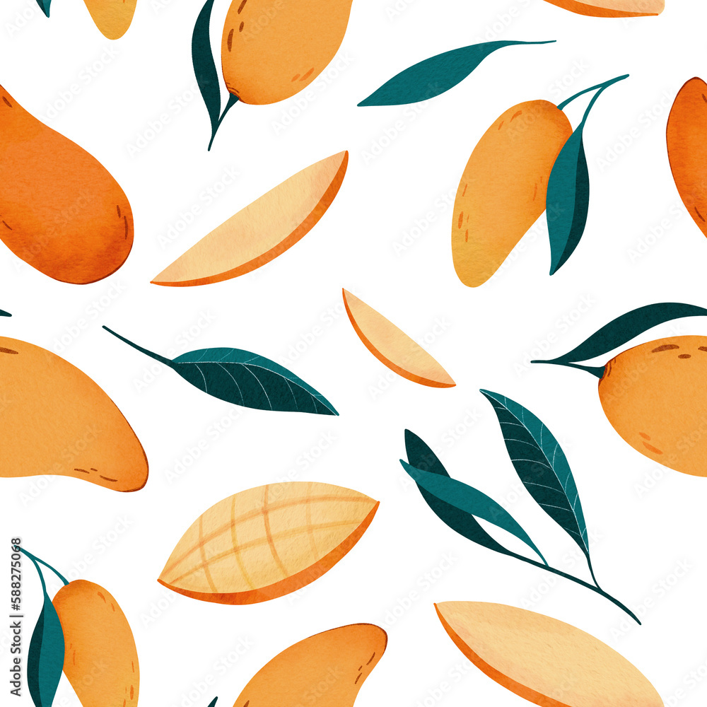 Tropical seamless pattern of mango with leaves with white backdrop ...
