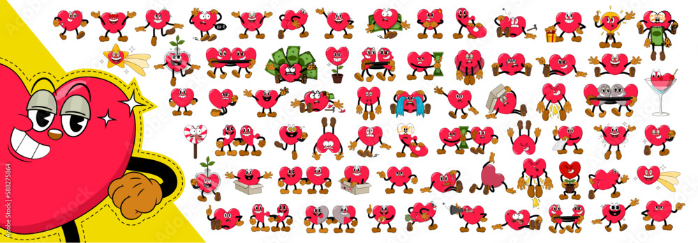Big set of comic red hearts characters in retro cartoon style on ...