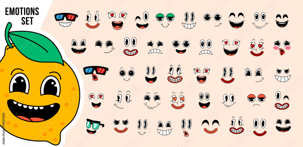 Mega set Cartoon funny faces. Retro cartoon comic faces with different ...