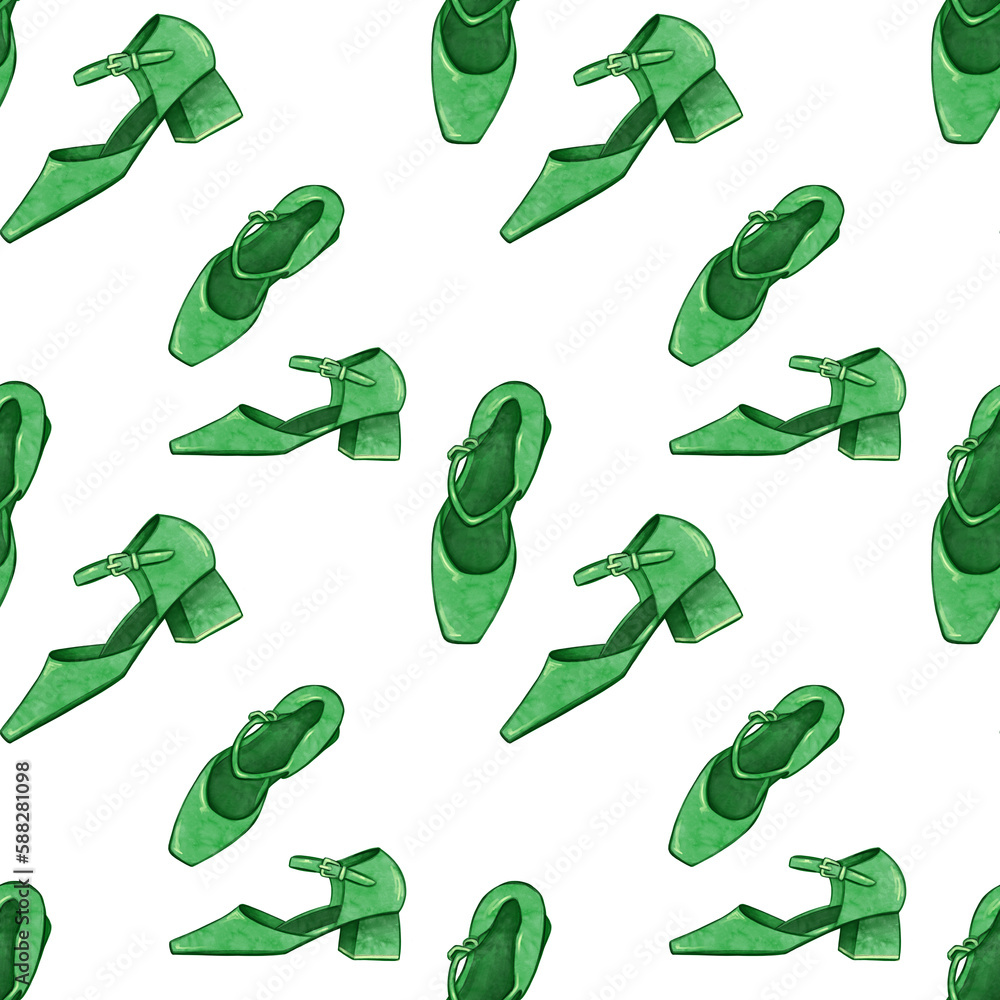 green pattern. Seamless pattern with painted and feminine heels ...