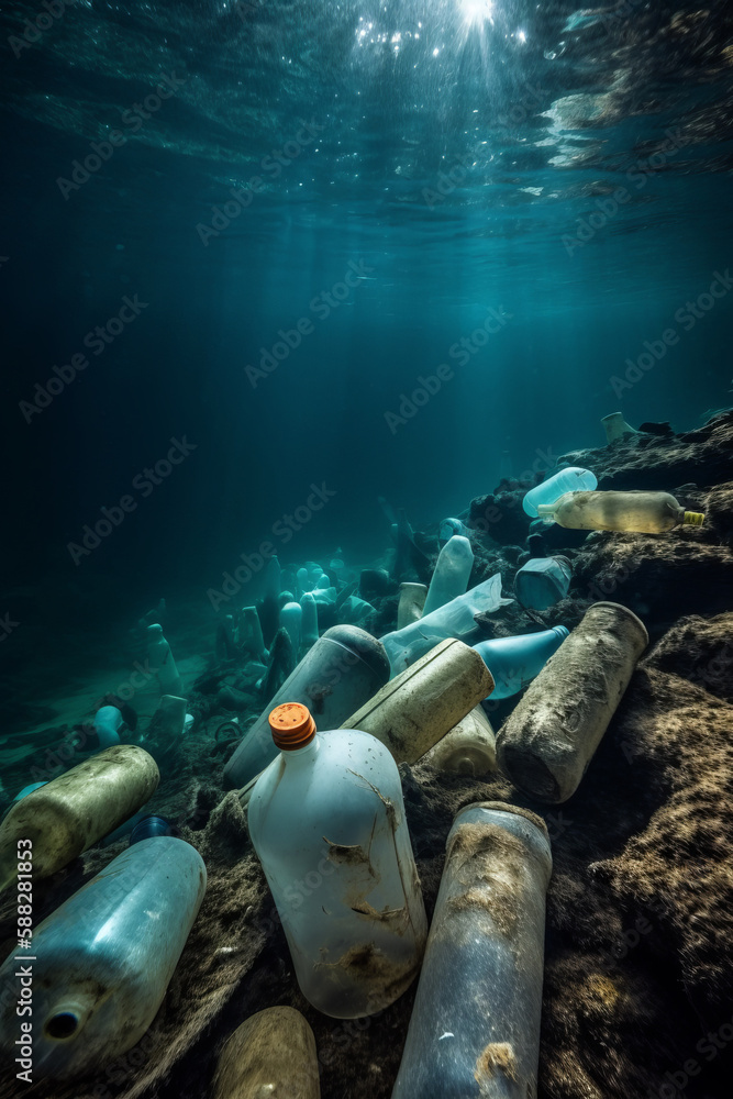 plastic waste and bottles garbage undersea or ocean bottom as wide ...
