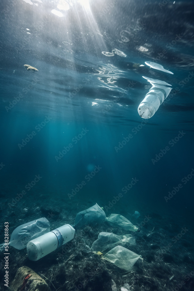 plastic waste and bottles garbage undersea or ocean bottom as wide ...
