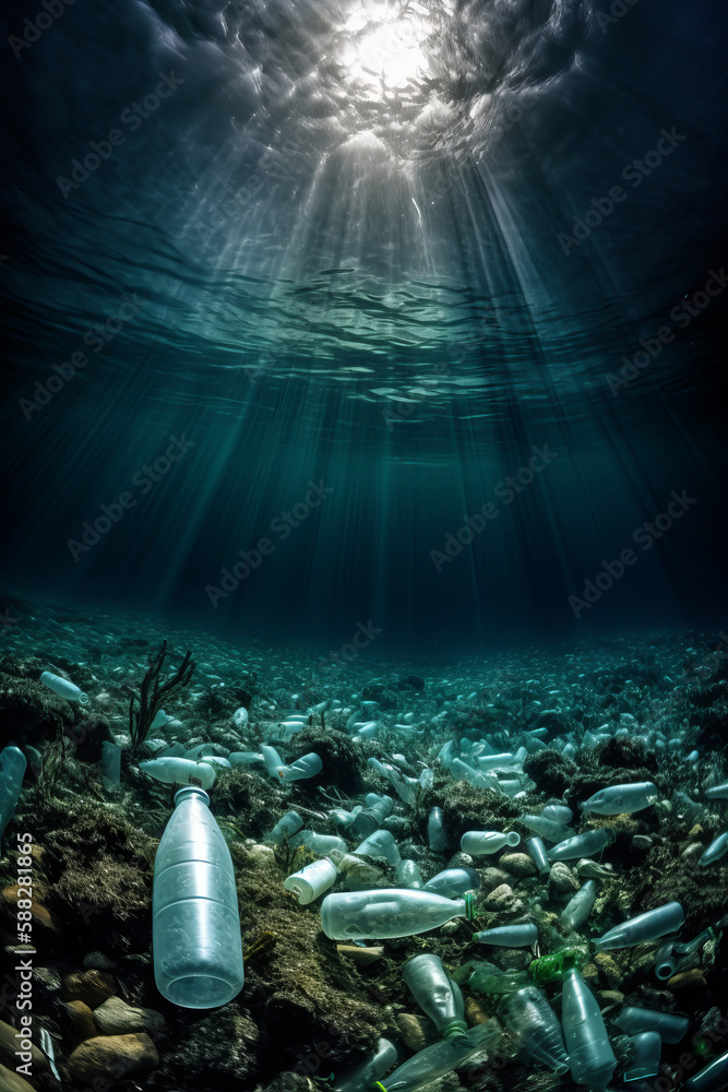 plastic waste and bottles garbage undersea or ocean bottom as wide ...