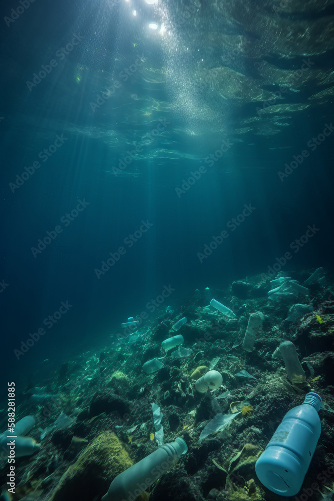 Ilustrace „plastic waste and bottles garbage undersea or ocean bottom ...
