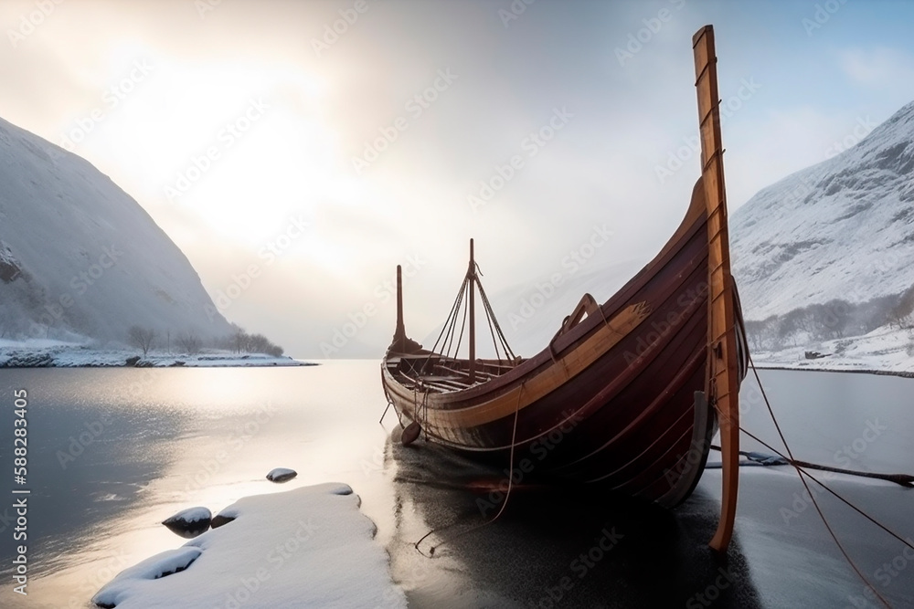 Historic wooden ship rook sails in the ocean in the north amidst the ...