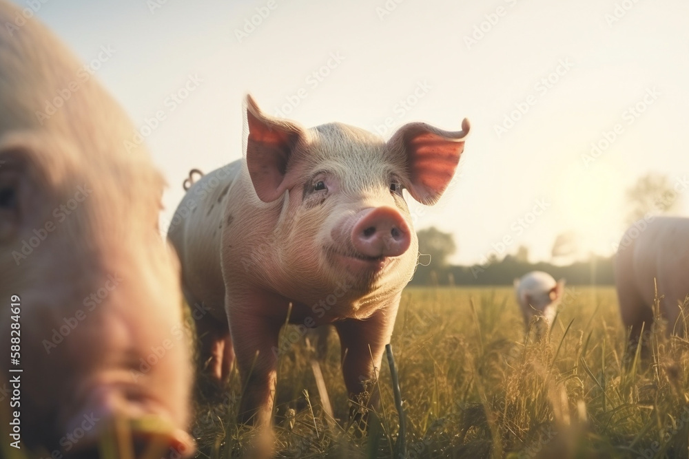 Happy pigs roaming free and farm meadow and mud. Farm animal welfare ...
