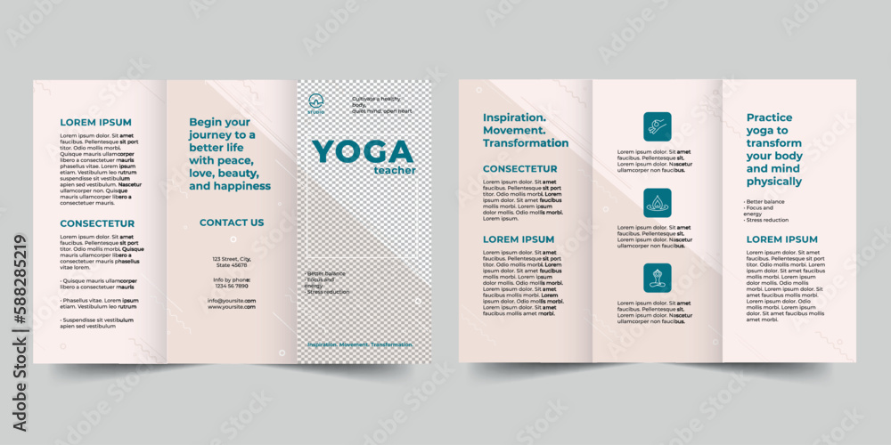Yoga Instructor trifold brochure template. A clean, modern, and high ...