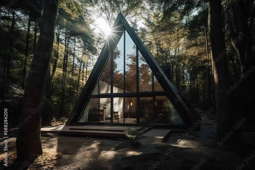 Soft light with A frame chalet desgin in the woods. Cabin in the shape ...