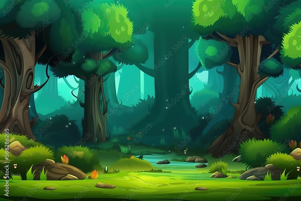 Game Art Fantasy Forest Environment, Concept illustration cartoon style ...