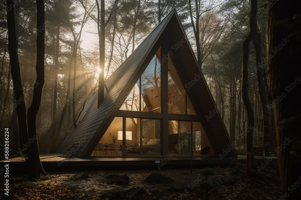Soft light with A frame chalet desgin in the woods. Cabin in the shape ...