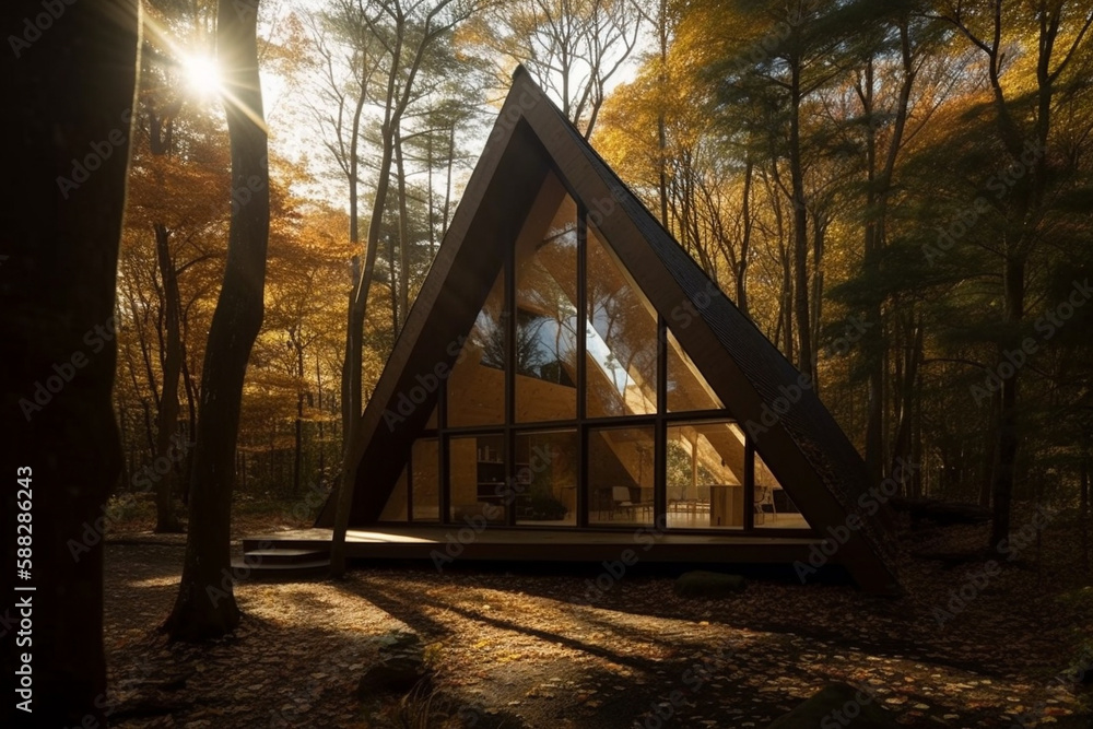 ภาพประกอบสต็อก Soft light with A frame chalet desgin in the woods ...