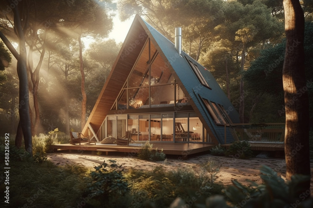 Soft light with A frame chalet desgin in the woods. Cabin in the shape ...