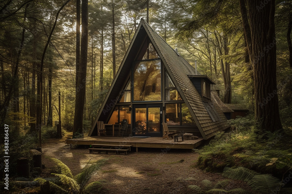 Soft light with A frame chalet desgin in the woods. Cabin in the shape ...