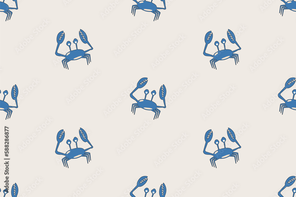Seamless pattern with cartoon cool blue crabs isolated on light ...